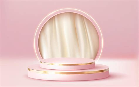 3d Rendered Luxury Pink Gold Podium With White Curtain Cream Showcase Vector 3d Pink Background