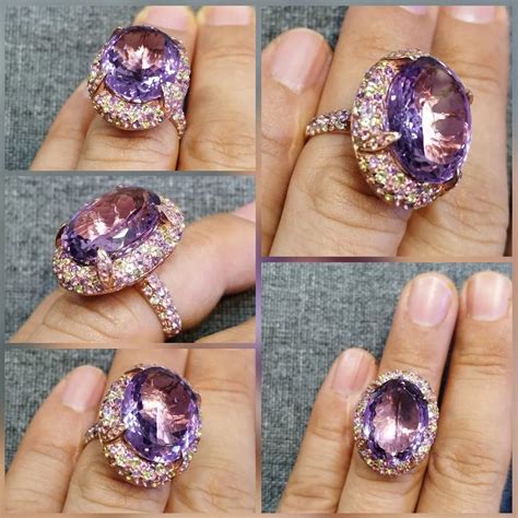 แหวนพลอยอเมทิส ประดับพลอยหลากสี 3 800บาท ตัวเรือนเงินแท้ชุปพิ้งค์โกล ฟรีค่าส่ง Ems Id Line