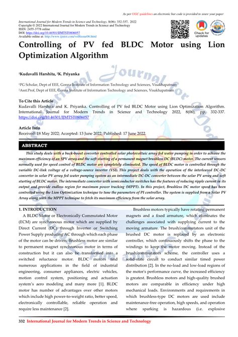 pdf controlling of pv fed bldc motor using lion optimization algorithm