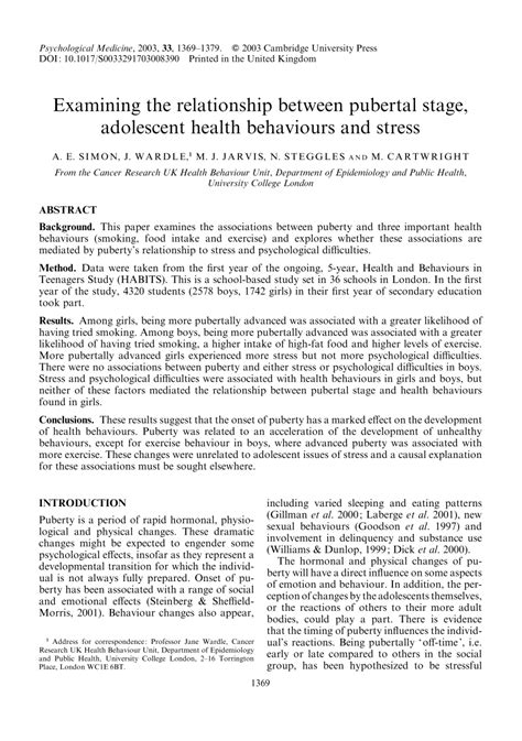 Pdf Examining The Relationship Between Pubertal Stage Adolescent Health Behaviours And Stress