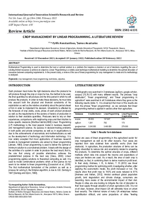 Pdf Crop Management By Linear Programming A Literature Review