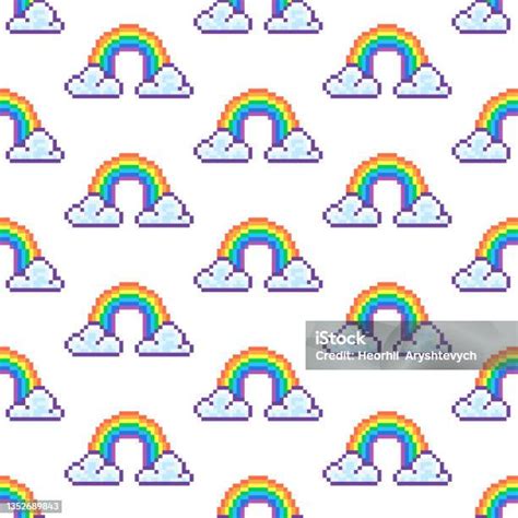 흰색 배경에 두 구름 사이의 무지개의 만화 드로잉의 다채로운 벡터 픽셀 아트 원활한 패턴 모자이크 처리에 대한 스톡 벡터 아트 및 기타 이미지 모자이크 처리 배경 주제