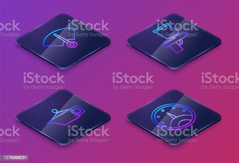 모터 기관지 오일 페인트 스프레이 건 및 속도계에 대한 등도 측정 라인 속도계 캐니스터를 설정합니다 파란색 정사각형 버튼 벡터 3차원 형태에 대한 스톡 벡터 아트 및 기타