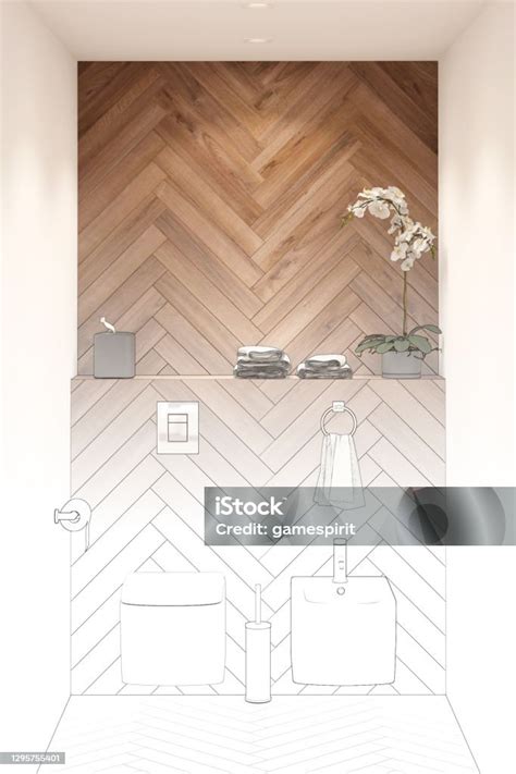 스케치는 나무 바닥과 벽 화장실과 비데 화장실 브러시 화장지 난초 수건선반이있는 좁은 화장실의 실제 밝은 내부가됩니다 전면