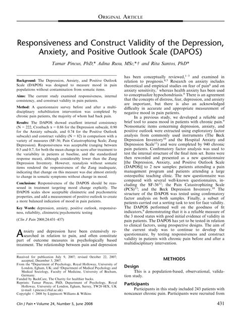 Pdf Responsiveness And Construct Validity Of The Depression Anxiety