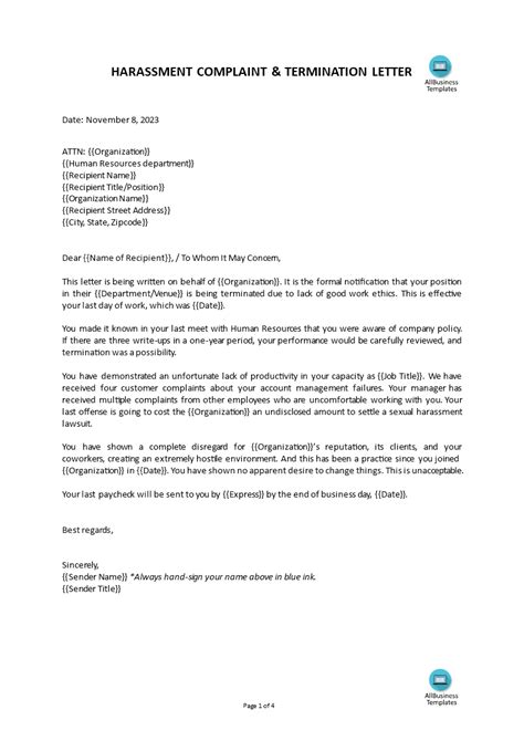 Termination Notice Due To Sexual Harassment Templates At Allbusinesstemplates Com