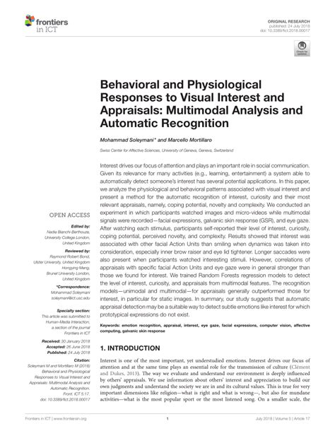 Pdf Behavioral And Physiological Responses To Visual Interest And Appraisals Multimodal