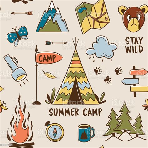 원활한 여름 캠프 패턴 여행 및 숲에서의 하룻밤 야외 캠핑 어드벤처 요소 아이들을위한 멋진 인쇄물 여행 여행 벽지 직물 베이지