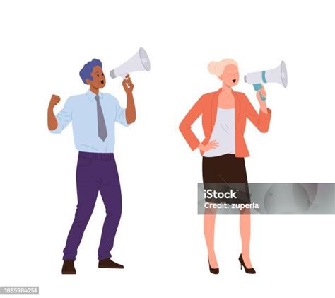 남자와 여자 인플 루 언서 비즈니스 만화 캐릭터 소리 소리 말하기 확성기로 발표 여자에 대한 스톡 벡터 아트 및 기타 이미지 여자 전문 직업 휴대용 마이크 Istock