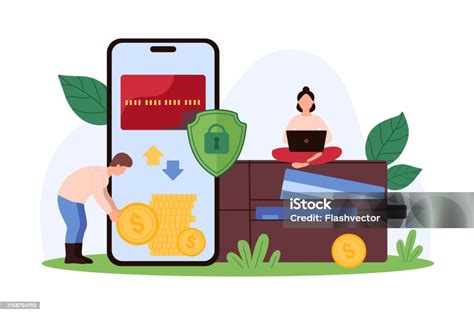 전자 지갑에서 지불 방법 작은 사람들의 전화 화면에 안전한 은행 계좌 Brand Name Smart Phone에 대한 스톡 벡터