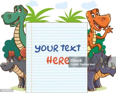 어린이 교육 만화 벡터를 위한 귀여운 공룡이 있는 빈 메모지 쓰기에 대한 스톡 벡터 아트 및 기타 이미지 쓰기 프레임 공란 Istock