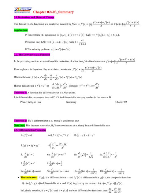 Mae101 Fall2023 Calculus Chapter 2 3 Summary Pdf Derivative