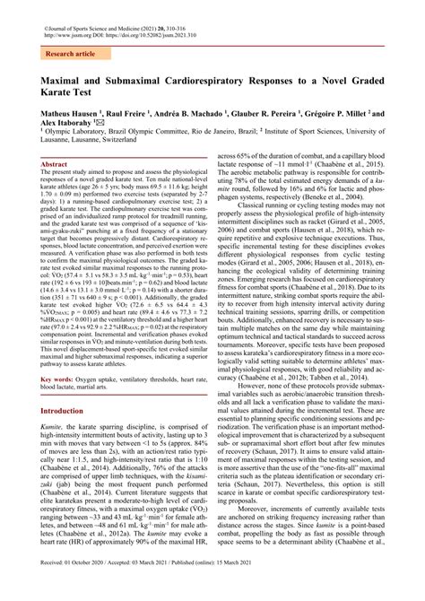 Pdf Maximal And Submaximal Cardiorespiratory Responses To A Novel Graded Karate Test