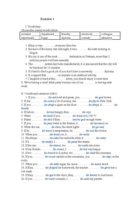 Conditional Type 0and1 Exercise Exercise 1 I Vocabulary Choose The Correct Words Below