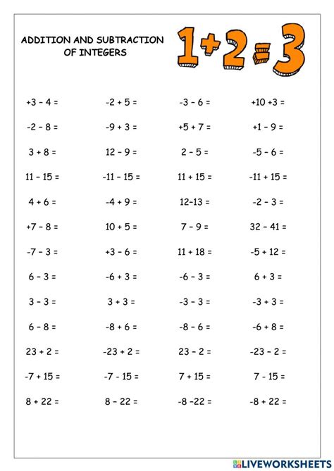 Addition And Subtraction Of Integers Worksheet