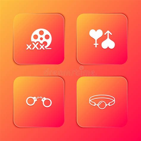 Set Film Reel With Sex Male And Female Heart Handcuffs And Silicone Ball Gag Icon Vector