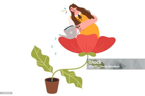 자기 개발과 정신 건강 개념을 위해 거대한 화분에 심은 집 꽃을 급수하는 여자 Mental Wellbeing에 대한 스톡 벡터 아트 및 기타 이미지 Mental