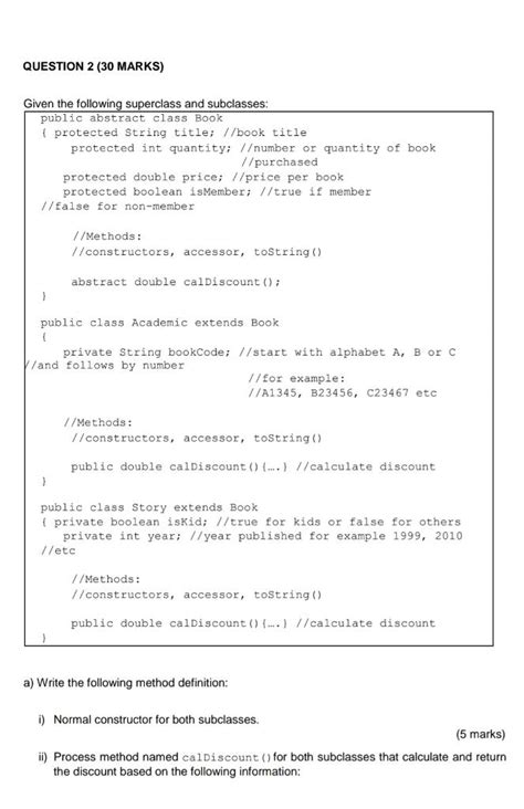 Solved Question 2 30 Marks Given The Following Superclass