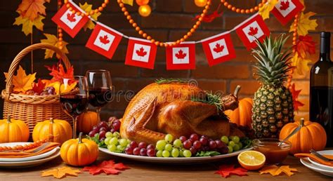 Canadian Thanksgiving Feast With Roasted Turkey And Fall Decorations