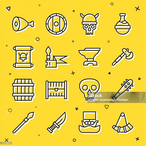 세트 라인 사냥 뿔 스파이크가 있는 철퇴 나무 도끼 해골 바이킹 헬멧 중세 창 법령 양피지 두루마리 닭 다리 및 대장장이 아이콘용 모루 벡터 검에 대한 스톡 벡터 아트 및