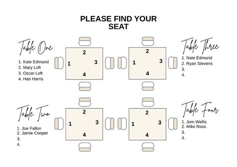 Rectangle Table Seating Chart Template Editable Seating Chart For