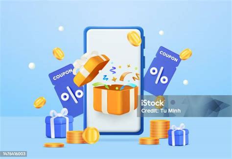 열린 선물 상자와 할인 바우처 또는 쿠폰 비율 판매 색종이 떨어지는 동전 선물 상자 개념이 있는 파란색 스마트폰 온라인 쇼핑 개념입니다 판매 촉진 배너 3d 벡터 일러스트