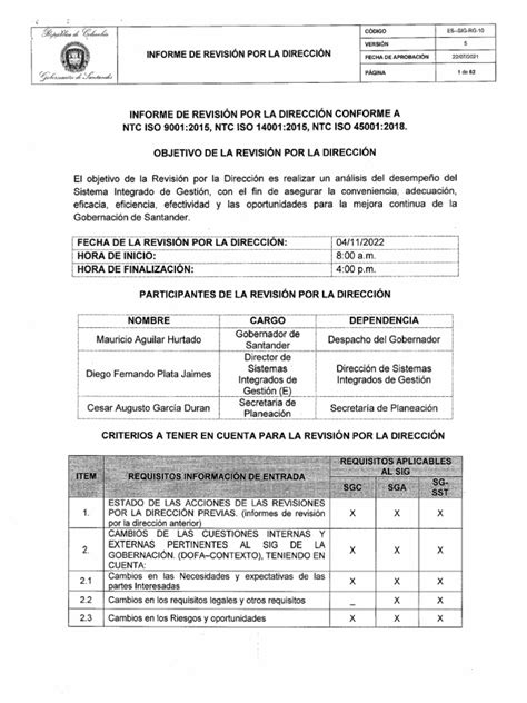 Informe De Revision Por La Direccion 2022 Pdf