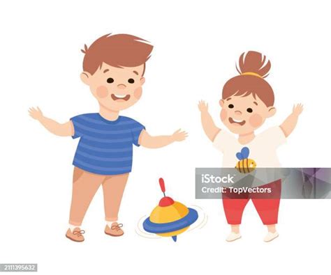 행복 한 소녀와 소년 소용돌이 장난감을 재생 즐거운 형과 여동생이 함께 놀고 만화 벡터 일러스트 레이 션 팽이에 대한 스톡 벡터 아트 및 기타 이미지 Istock
