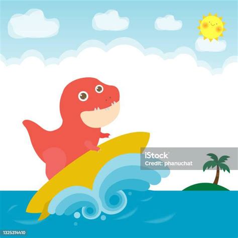 여름 시간 배너 템플릿과 바다에 서핑 보드와 귀여운 서퍼 공룡 캐릭터 문장 파도에 디노 서퍼 배경에 고립 된 포스터 파티 플랫