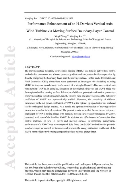 Pdf Performance Enhancement Of An H‐darrieus Vertical Axis Wind Turbine Via Moving Surface