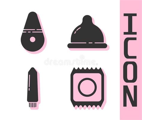 Set Condom In Package Safe Sex Vibrator Vibrator And Condom Icon Vector Stock Vector