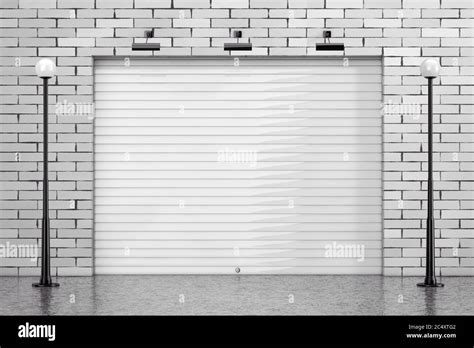 Garage Rolling Shutter Gate Door With Brick Wall And Street Lights