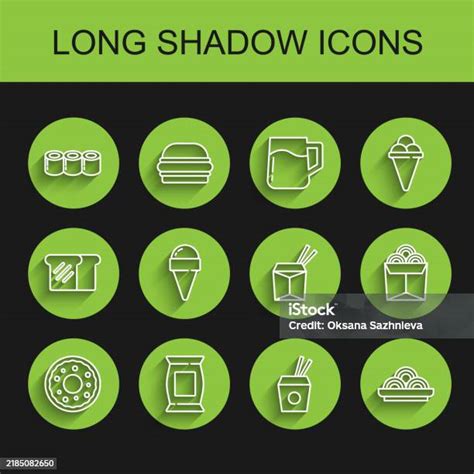 세트 라인 도넛 가방 또는 패킷 감자 칩 스시 아시아 국수 및 젓가락 그릇 아이스크림 와플 콘 국수 상자 및 아이콘 벡터 0명에 대한 스톡 벡터 아트 및 기타 이미지