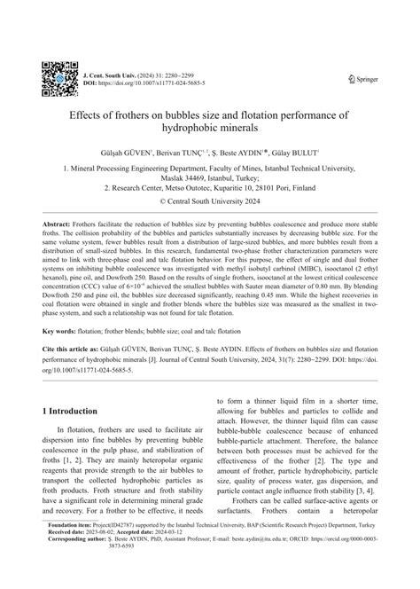 Pdf Effects Of Frothers On Bubbles Size And Flotation Performance Of Hydrophobic Minerals