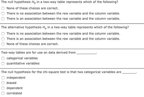 Solved The Null Hypothesis Ho In A Two Way Table Represents