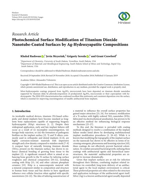 Pdf Photochemical Surface Modification Of Titanium Dioxide Nanotube Coated Surfaces By Ag