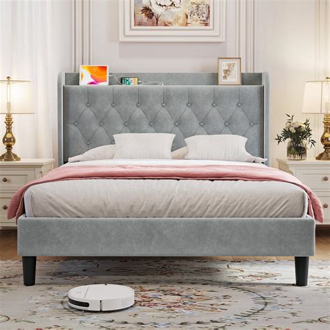 Koorlian Queen Bed Frame Velvet Adjustable Upholstered