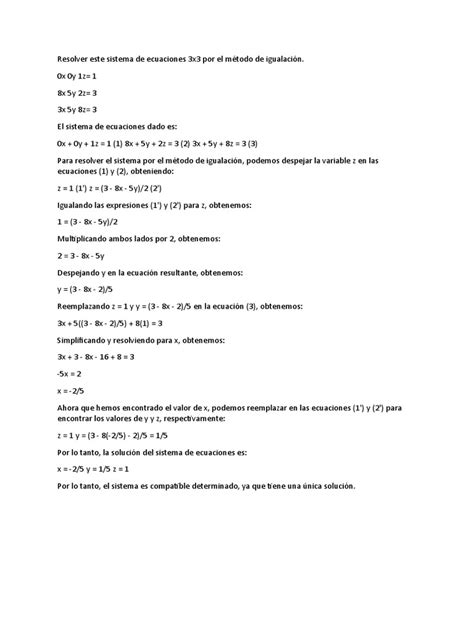 Resolver Este Sistema De Ecuaciones 3x3 Por El Método De Igualación Pdf