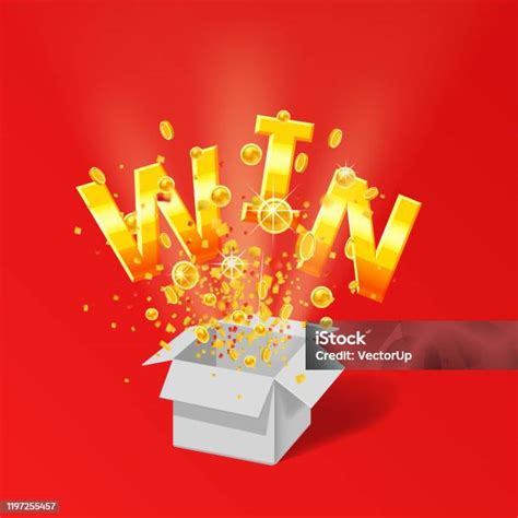 오픈 레드 화이트 박스 동전과 색종이 폭발 내부 금 텍스트를 승리 날아다니는 입자호일 버스트 복권 그리기 광고 배너 포스터