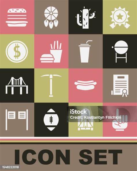 1번 팬 핸드 글러브 독립 선언문 바베큐 그릴 선인장 버거 감자튀김 달러로 동전 돈 종이 유리 빨대 아이콘을 설정합니다 벡터 7월에 대한 스톡 벡터 아트 및 기타 이미지