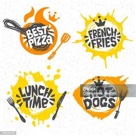 패스트 푸드 핫도그 최고의 피자 감자 튀김 점심 시간 로고 표지판 기호 엠 블 럼 레터링 라벨 음식에 대한 스톡 벡터 아트 및 기타 이미지 Istock