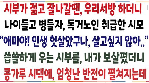반전신청사연시부가 젋고 잘나갈땐 우리서방 나이들고 병들자 독거노인 취급한 시모 씁쓸하게 우는 시부를 내가 모셔와 보살폈더니 엄청난 반전이 신청사연 사이다썰 사연