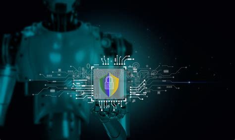 3d Robotic Render With Cyber Security Icon On Circuit Diagram The Program Warns Of Computer