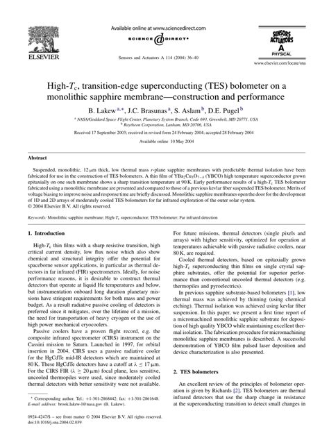 Pdf High Tc Transition Edge Superconducting Tes Bolometer On A Monolithic Sapphire Membrane