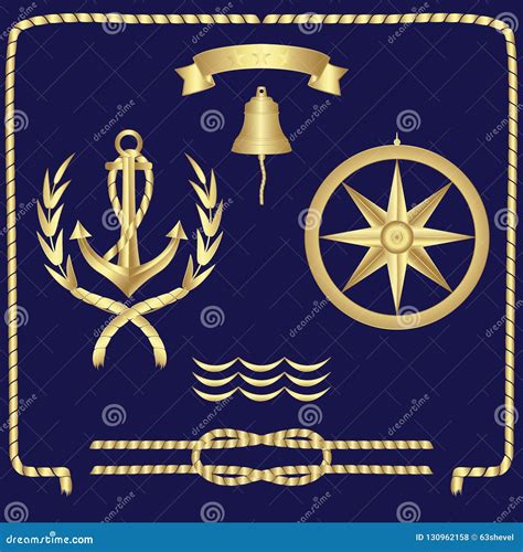 Set Of Nautical Symbols Anchor Ropes Compass Waves Stock Vector