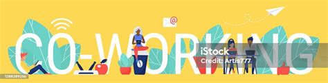 공동 작업 단어 개념 만화 비즈니스 파트너 사람들은 열린 공간 작업장에서 일하는 사람들 팀 카피 공간에 대한 스톡 벡터 아트 및