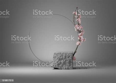 3d 배경 회색 바위 연단 돌 디스플레이 사쿠라 핑크 꽃 가지 벚꽃과 원 프레임 테두리 화장품 또는 미용 제품 프로모션 단계