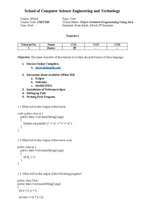Tut 01 Tutorial For Cse Java Babe Of Computer Science Engineering And Technology Course
