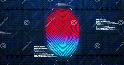 Image Of Data Processing Over Biometric Fingerprint On Dark Background Stock Illustration