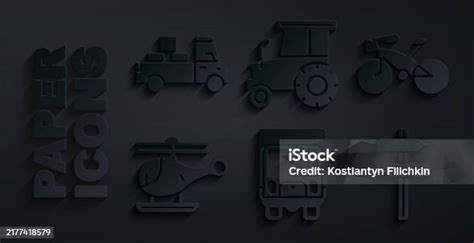 세트 배달화물 트럭 자전거 헬리콥터 도로 교통 표지판 트랙터 및 아이콘 벡터 3차원 형태에 대한 스톡 벡터 아트 및 기타 이미지 3차원 형태 거리 검은색 Istock